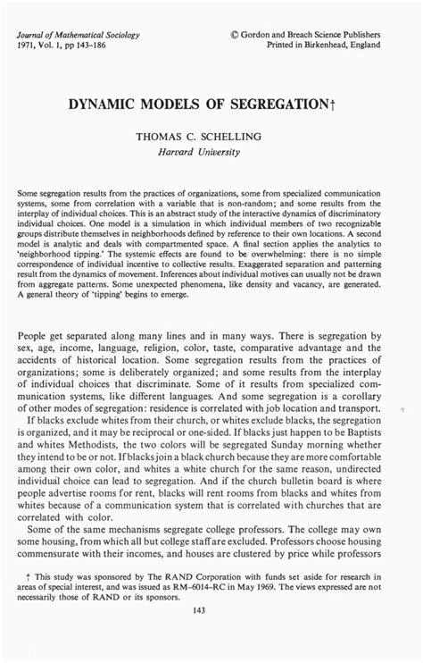 Pdf Dynamic Models Of Segregation Uzh · Dynamic Models Of Segregation 145 This Paper Might