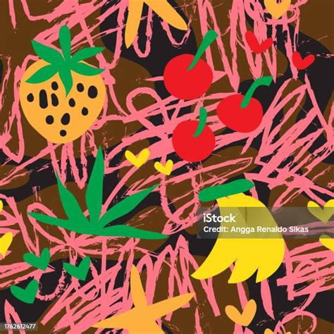 손으로 그린 평평한 열대 과일과 브러시 스케치 스트로크 배경이 있는 완벽 한 패턴 과일에 대한 스톡 벡터 아트 및 기타 이미지 과일 기하 도형 꽃 식물 Istock