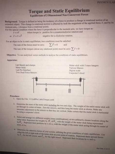 PHYSICS I LAB Torque And Static Equilibrium Chegg