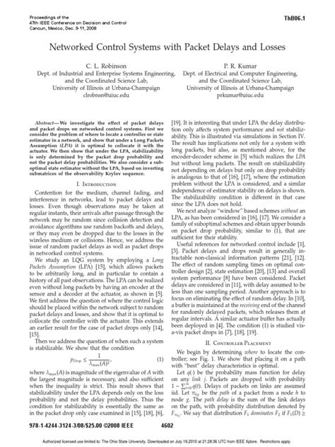 Articulo Networked Control Systems With Packet Delays And Losses Pdf Kalman Filter