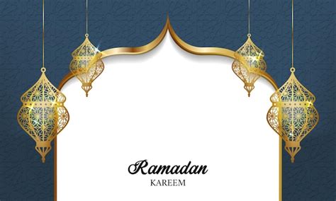 고급스러운 금색 등불과 함께 우아한 이슬람 프레임 템플릿 프리미엄 벡터