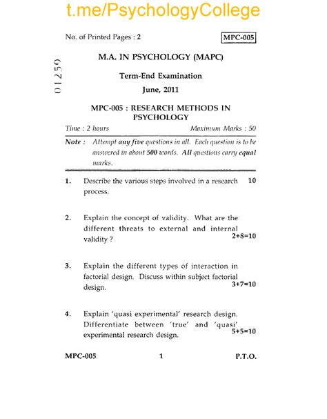 MPC Research Methodology No Of Printed Pages MPC M IN PSYCHOLOGY MAPC