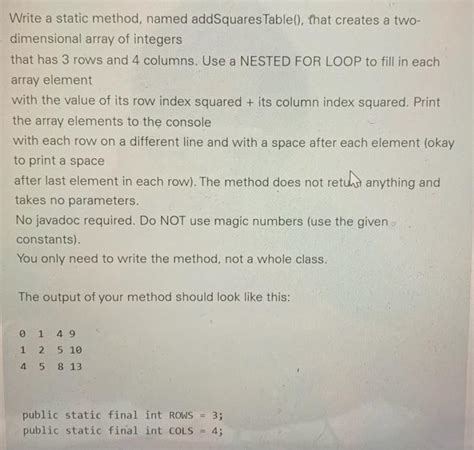 Solved Write A Static Method Named Addsquares Table That