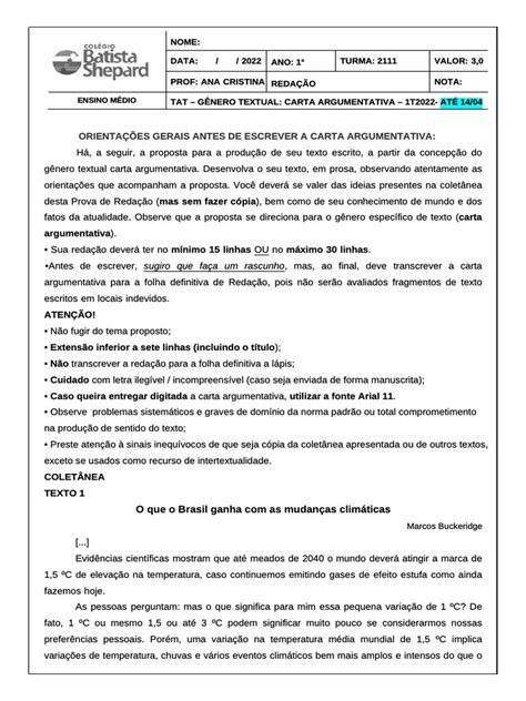 tat de redação gênero textual carta argumentativa 1° ano turma