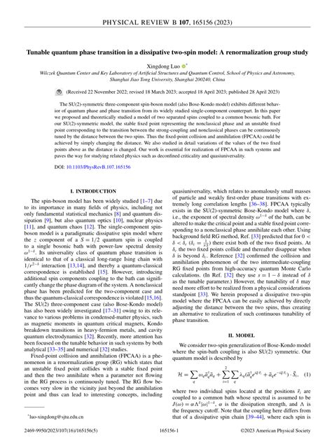 Pdf Tunable Quantum Phase Transition In A Dissipative Two Spin Model A Renormalization Group