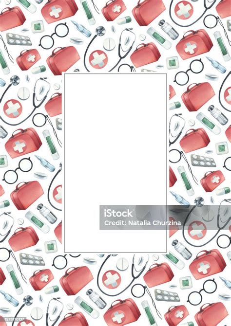 빨간색 응급 처치 가방이 있는 의료 장비 키트 손으로 그린 수채화 그림 세로 템플릿 흰색 배경에 프레임입니다 수채화에 대한 스톡 벡터 아트 및 기타 이미지 Istock