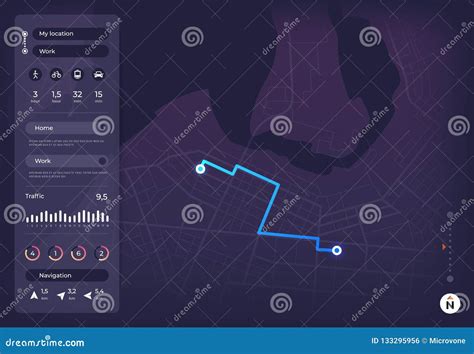 Navigation Map Gps Mobile Interface With Route On City Street And Location Pins Stock Vector