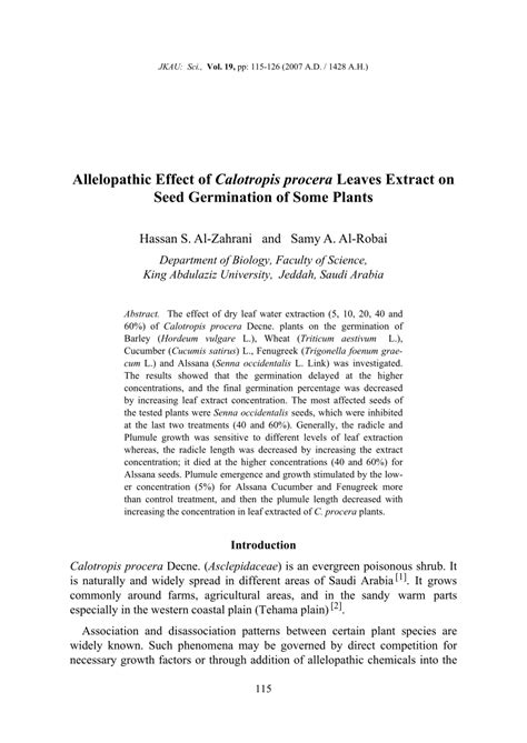 Pdf Allelopathic Effect Of Calotropis Procera Leaves Extract On Seed Germination Of Some