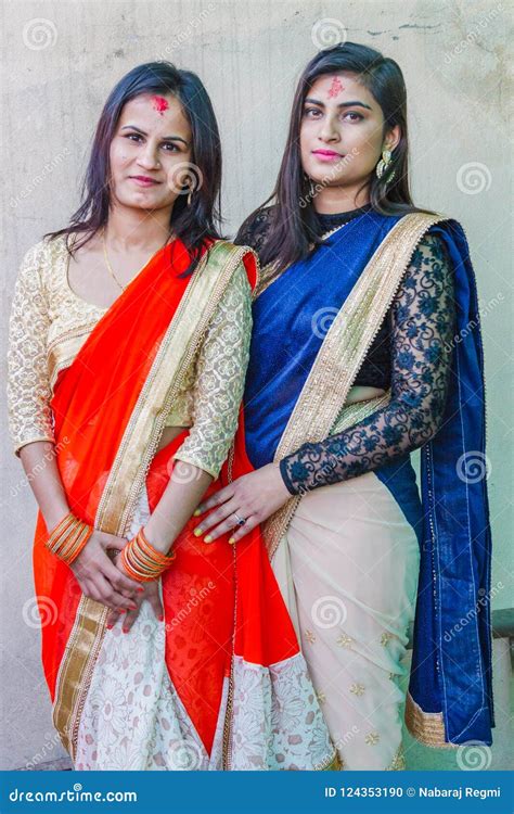 Beautiful Nepali Teen Girls In Colorful Sarees Editorial Image Image