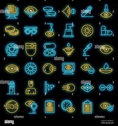 Eye Examination Icons Set Outline Set Of Eye Examination Vector Icons Neoncolor On Black Stock