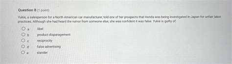 Solved Question 8 1 ﻿pointyukie A Salesperson For A North