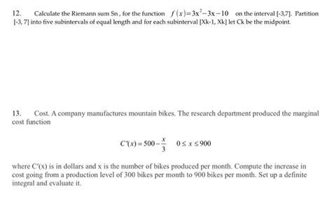 solved 12 calculate the riemann sum sn for the function