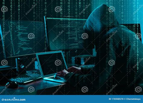 Cyber Criminal Hacking System Digital Binary Code On Foreground Stock