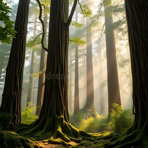 Majestic Redwoods Bathed In Sunbeams Over Misty Moss Covered Woodland