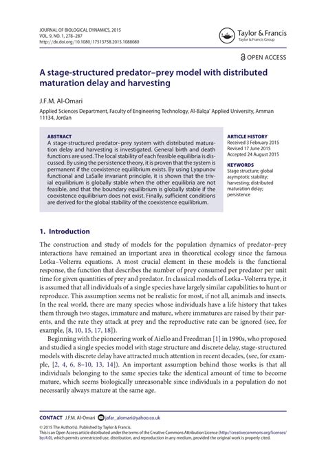 Pdf A Stage Structured Predator Prey Model With Distributed Maturation Delay And Harvesting