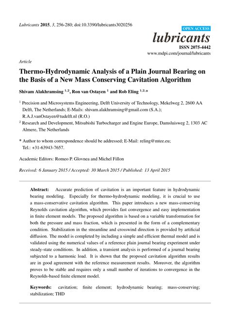 pdf thermo hydrodynamic analysis of a plain journal bearing on the