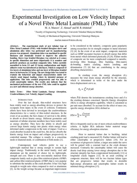 Experimental Investigation On Low Velocity Impact Of A Novel Fibre Metal Laminate Fml Tube Pdf