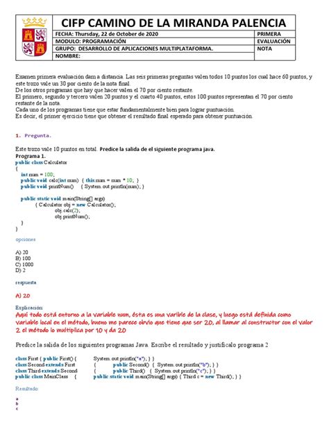 Examen De Programacion Dam Online Primero Resuelto 1 Pdf Objeto Informática Java
