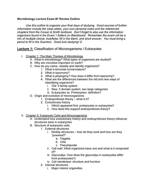 Lecture 1 Study Guide Microbiology Lecture Exam 1 Review Outline Use
