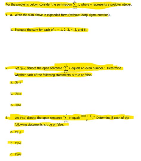 solved for the problems below consider the summation