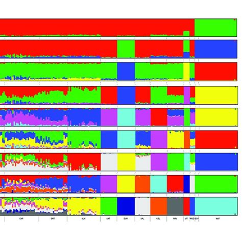admixture based clustering k 2 k 10 each individual is