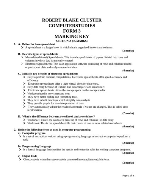Computer Form 3 Marking Key Pdf Spreadsheet Microsoft Excel