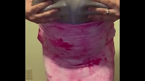 Man In Pink Dress Slowly Reveals His Bra Strips To His Bra And Panties Then Cums Into Purple