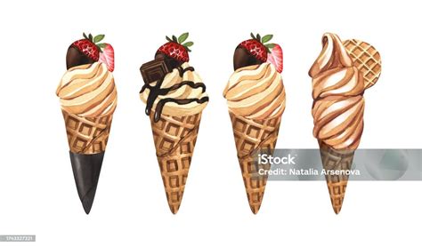 수채화 디저트 세트 쿠키와 딸기를 곁들인 소프트 아이스크림 와플 콘 손으로 그린 그림은 흰색 배경에 분리되어 있습니다 완벽한 음식 메뉴 디자인 포장 베이커리 가게 요리 티