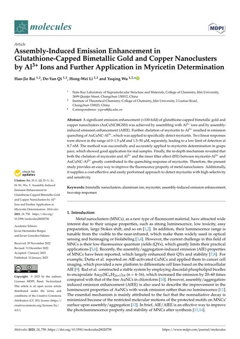 Pdf Assembly Induced Emission Enhancement In Glutathione Capped