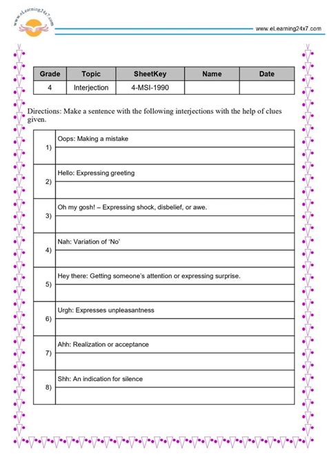 Make Sentences Using Interjection Words Worksheets For Grade 4