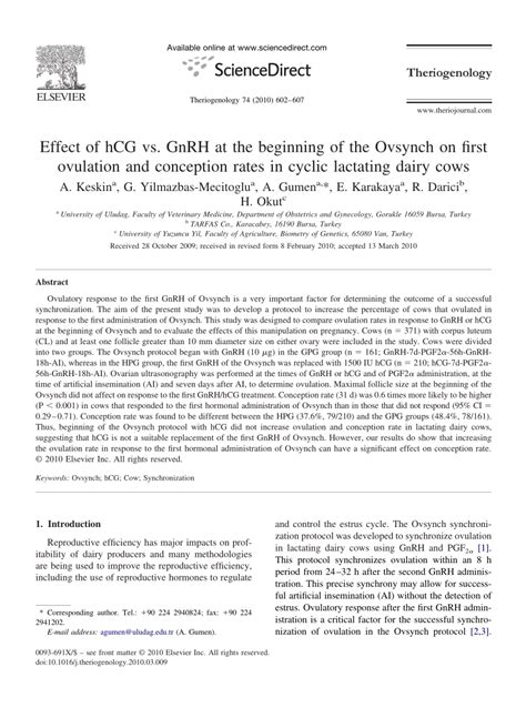 Pdf Effect Of Hcg Vs Gnrh At The Beginning Of The Ovsynch On First Ovulation And Conception