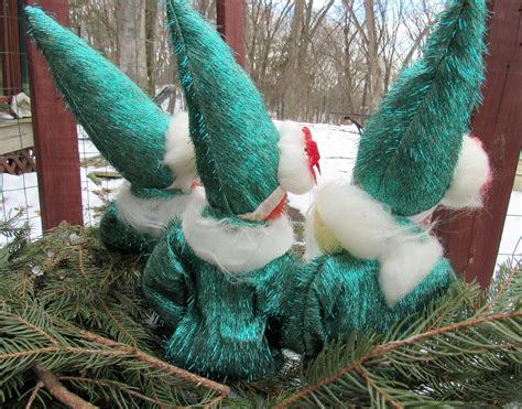 Three Unusual Large Pixie Dolls Christmas Elves Shiny Tinsel Suits