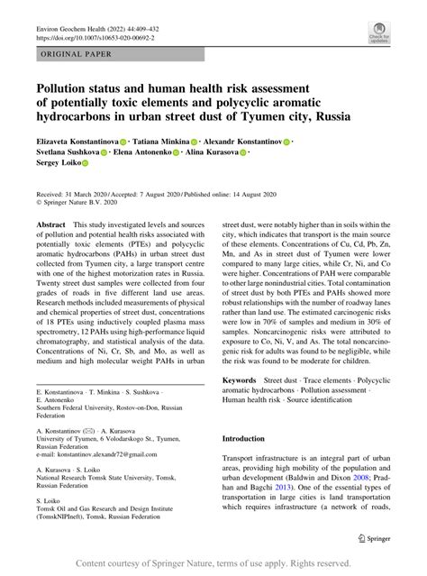 Pollution Status And Human Health Risk Assessment Of Potentially Toxic Elements And Polycyclic