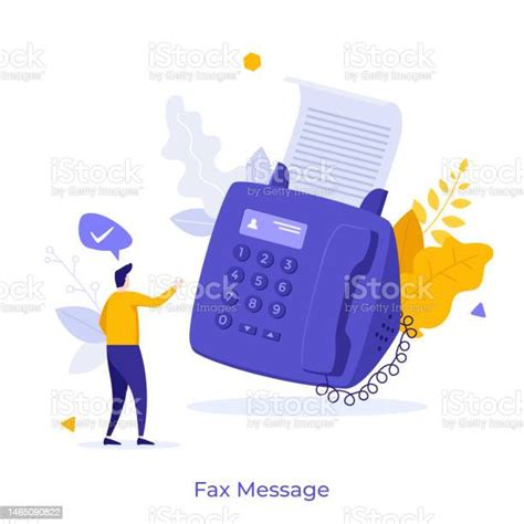 팩스 기계 인쇄 용지 문서를 보고 있는 남자 메시지를 받거나 보내기 위한 사무실 장치의 개념 통신 기술 포스터 배너에 대 한