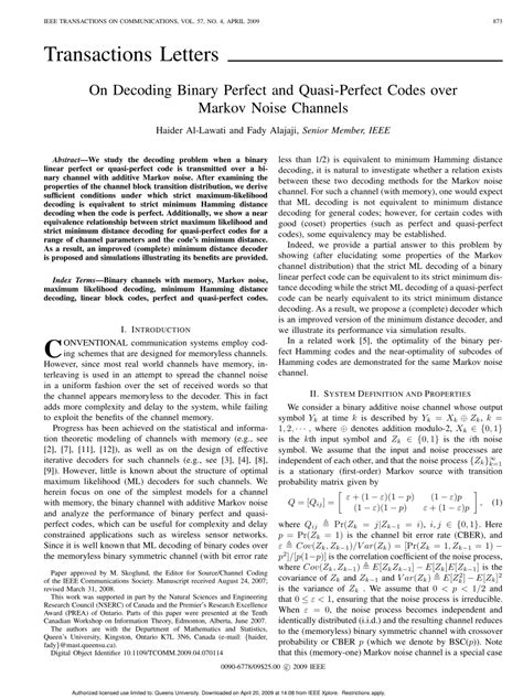 Pdf On Decoding Binary Perfect And Quasi Perfect Codes Over Markov