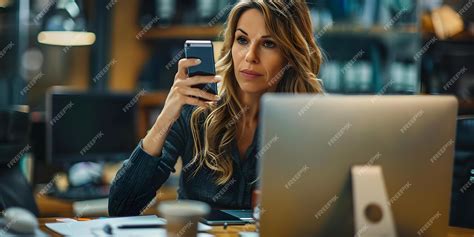 Premium Photo Woman Multitasking With Phone And Laptop At Desk In Office Setting Concept