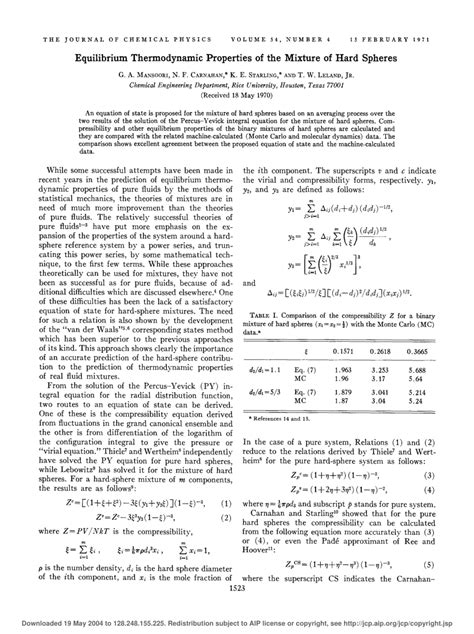 Pdf Equilibrium Thermodynamic Properties Of Mixtures Of Hard Spheres”