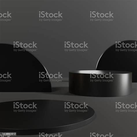 어두운 배경에 검은 색의 실린더 연단의 3d 렌더링플랫폼 제품 프리젠 테이션 최소 스타일 빈 어둠 제품 진열장을위한 검은 색