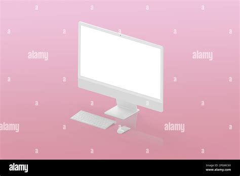 Isometric White Display Keyboard And Mouse On Pink Suirface Isolated Screen For Mockup App Or