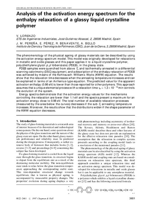 Pdf Analysis Of The Activation Energy Spectrum For The Enthalpy Relaxation Of A Glassy Liquid