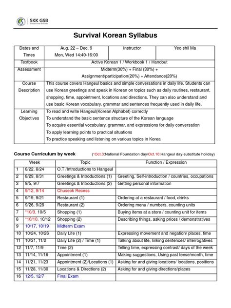 Korean Survival Syllabus Pdf Korean Language Cognition