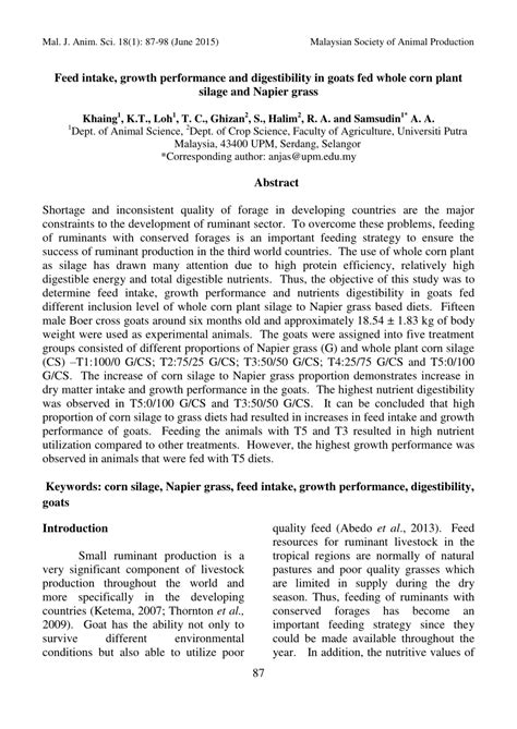 Pdf Feed Intake Growth Performance And Digestibility In Goats Fed Whole Corn Plant Silage And