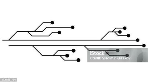 인쇄 회로 기판 Pcb는 흰색 배경에 분리되어 있습니다 끝에 선과 점이 있는 테크니컬 클립아트 디자인용 디바이더 디자인 요소입니다 Cpu에 대한 스톡 벡터 아트 및 기타