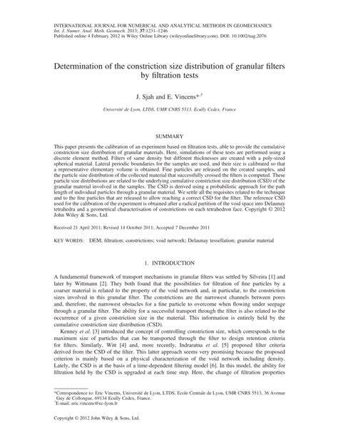 Pdf Determination Of The Constriction Size Distribution Of Granular Filters By Filtration Tests
