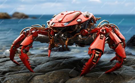 Premium Photo Robot Crab On The Seashore Among The Rocks