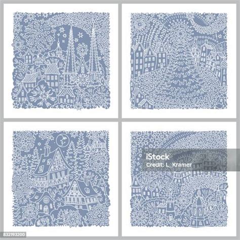 손으로 그린 판타지 도시 겨울 풍경 설정 합니다 동화 전나무 나무 오래 된 중세 마을 주택 T셔츠 인쇄입니다 새 해 및 Chrismas 인사말 카드입니다 블루와 화이트