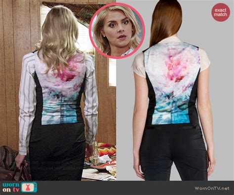 Wornontv Ninas Striped Shirt And Printed Back Waistcoat On Benched