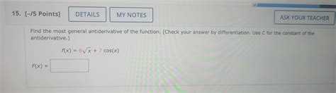 Solved Find The Most General Antiderivative Of The Function