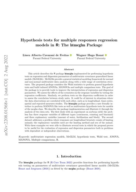pdf hypothesis tests for multiple responses regression models in r