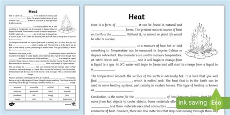 Heat Cloze Worksheet Resource Easy To Print